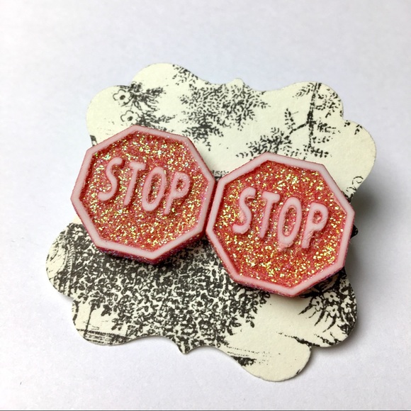KAE | Jewelry | Kawaii Stop Sign Earring Red Traffic Glitter | Poshmark